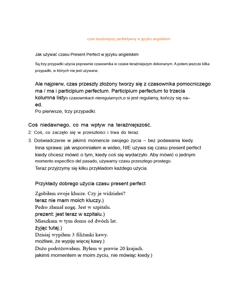 Czas Present Perfect W Języku Angielskim | PDF