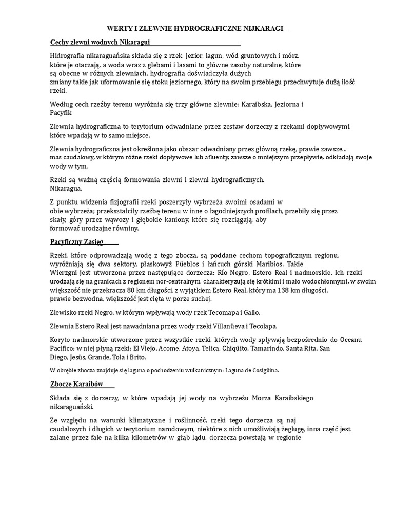Wody I Zlewni Rzek Nikaragui | PDF