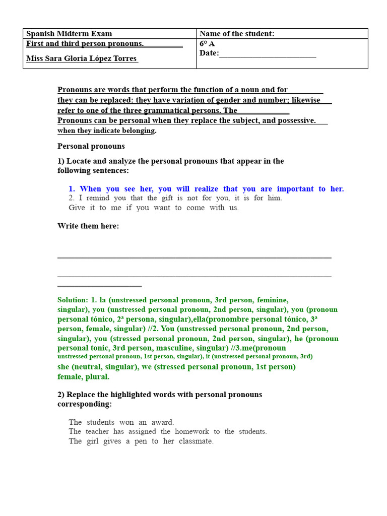 Midterm Spanish Exam - Docx Personal and Possessive Pronouns - Docx ...