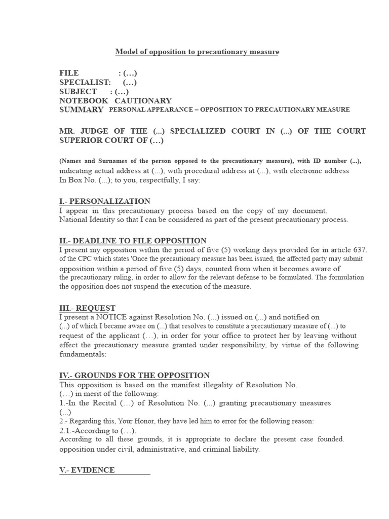 Model of Written Opposition To Precautionary Measure | PDF | Government ...