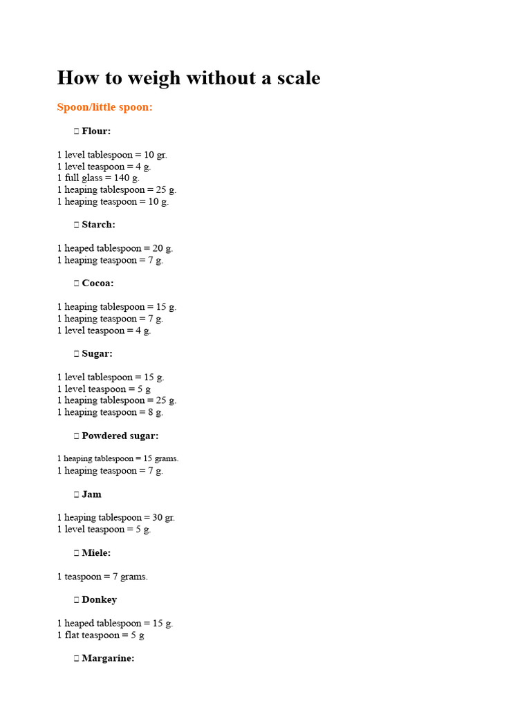 Weighing Ingredients Without a Scale | PDF | Teaspoon | Tablespoon