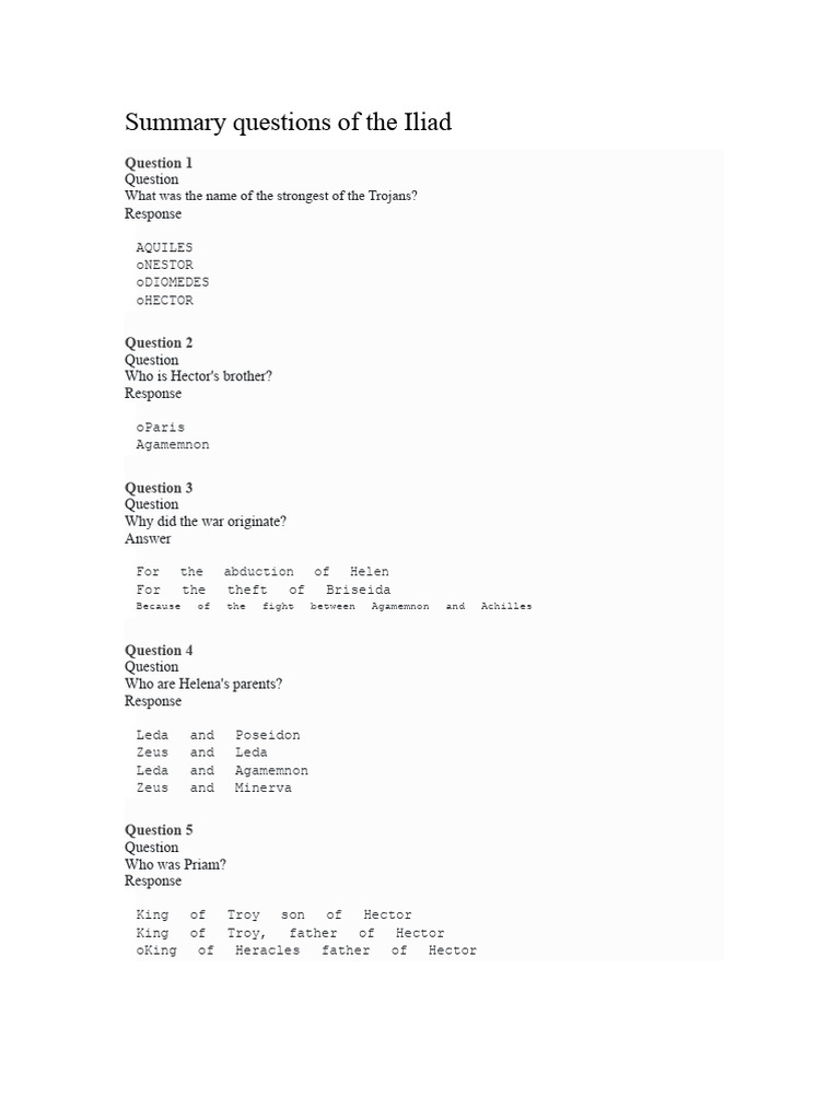 Summary Questions About The Iliad | PDF | Hector | Achilles