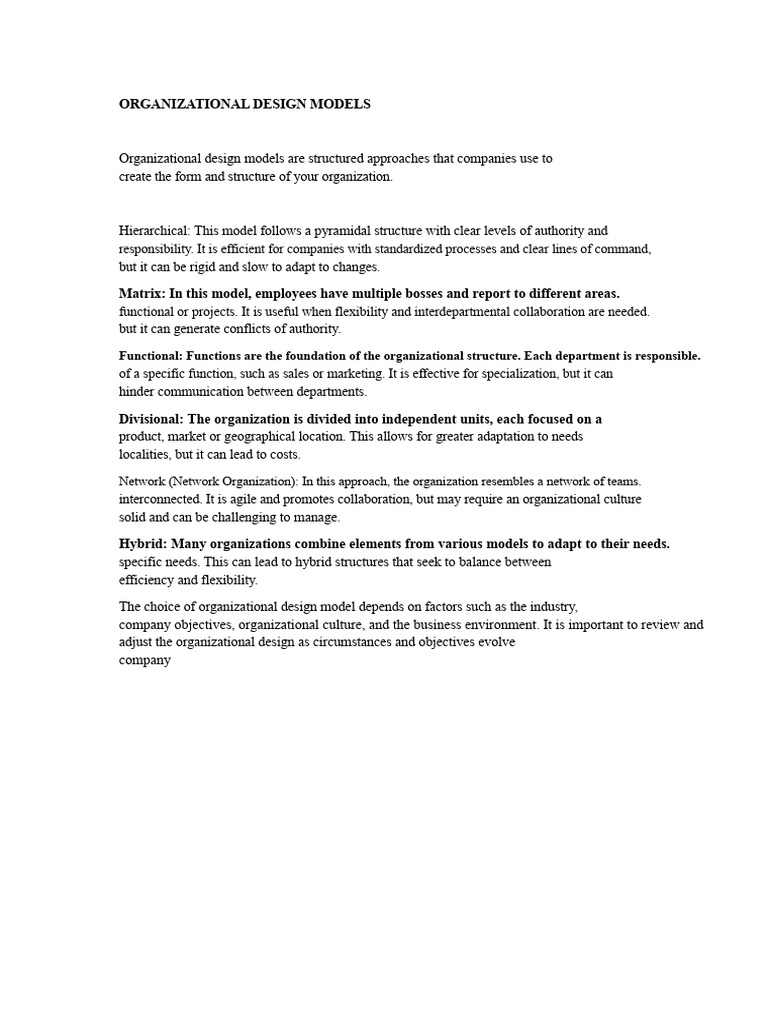 Organizational Design Models Overview | PDF