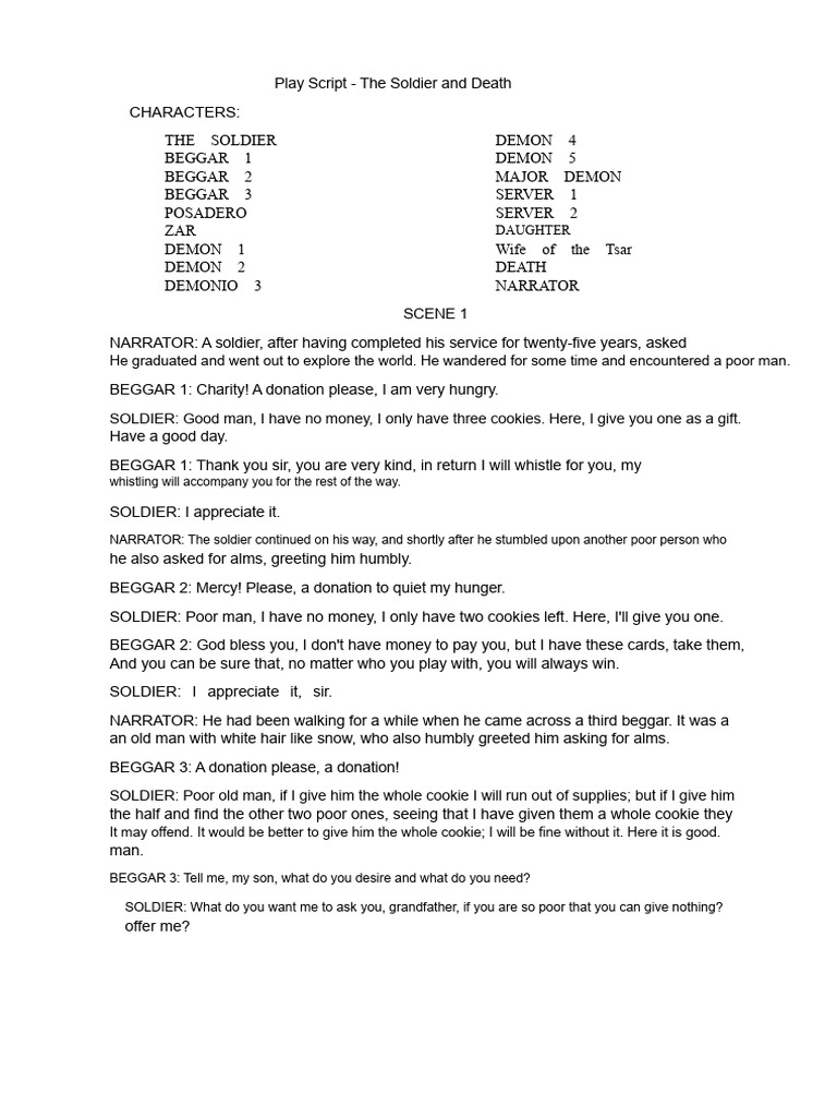 Play Script The Soldier and Death | PDF