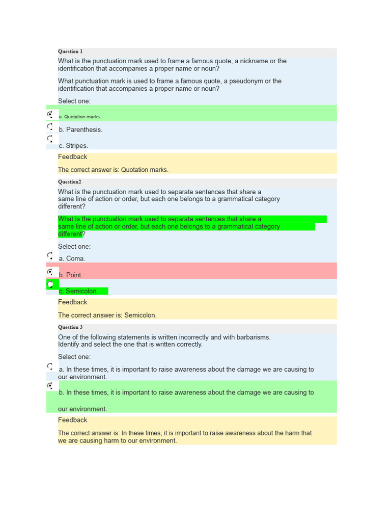 Exam 3 Use of Punctuation Semicolons and Barbarisms | PDF | Punctuation ...