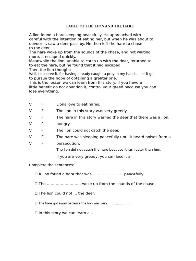 Fable of The Lion and The Hare | PDF