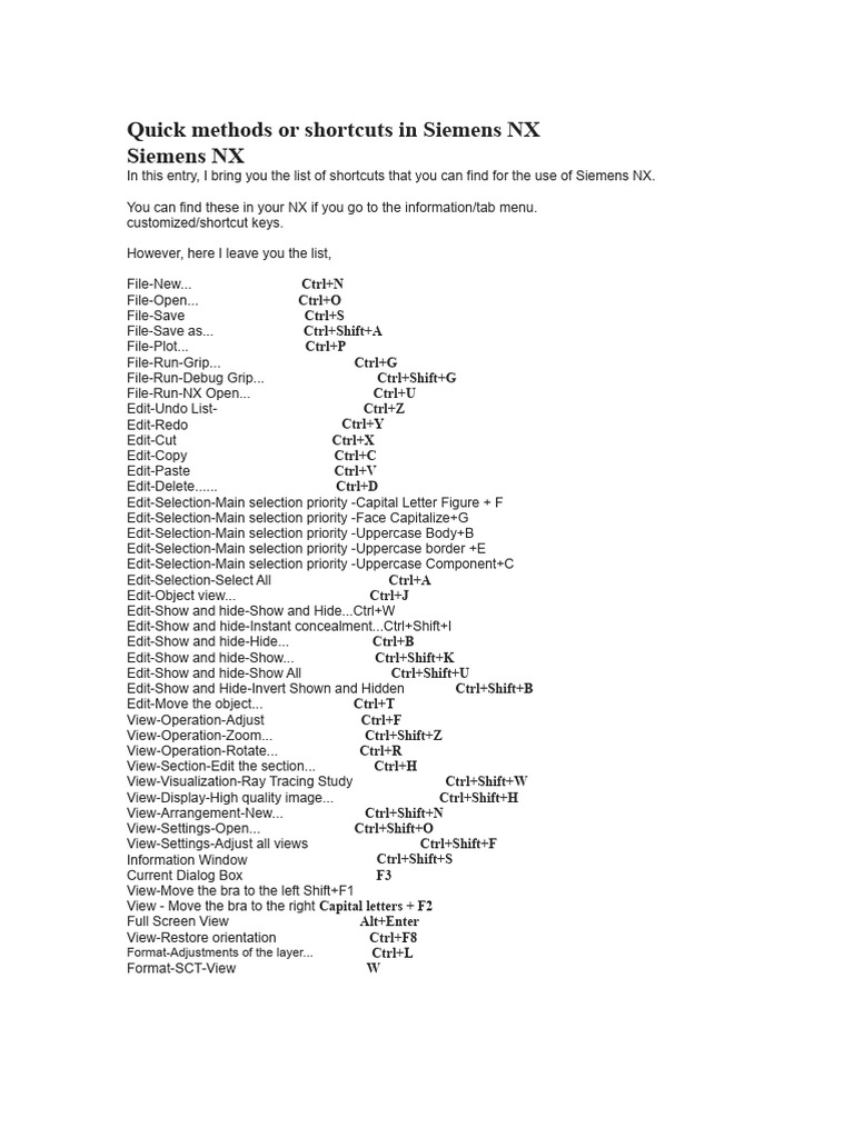 Siemens NX Keyboard Shortcuts Guide | PDF | Keyboard Shortcut | System ...