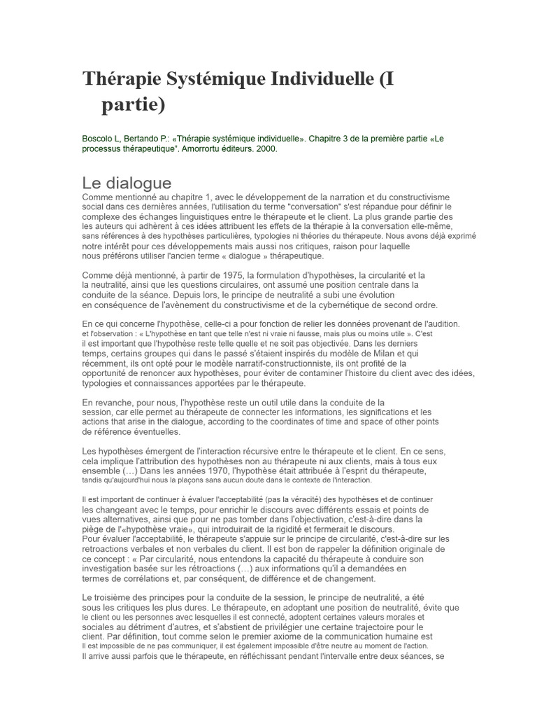 Dialogue et hypothèses en thérapie systémique | PDF | Théorie de l ...