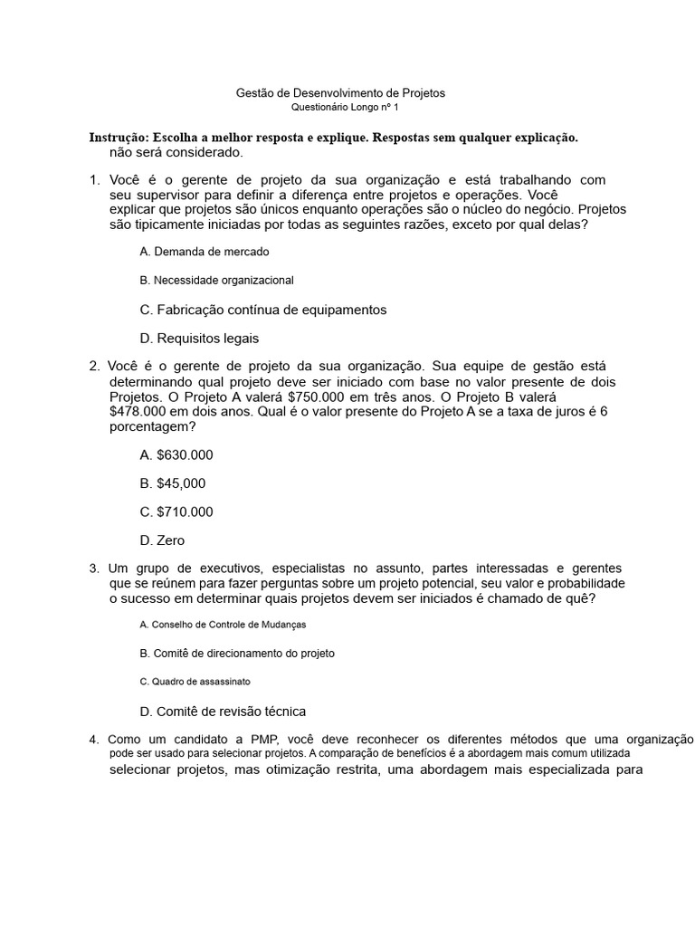 Gestão de Desenvolvimento de Projetos - Quiz Longo 1 | PDF | Qualidade (negócios) | Gestão de ...
