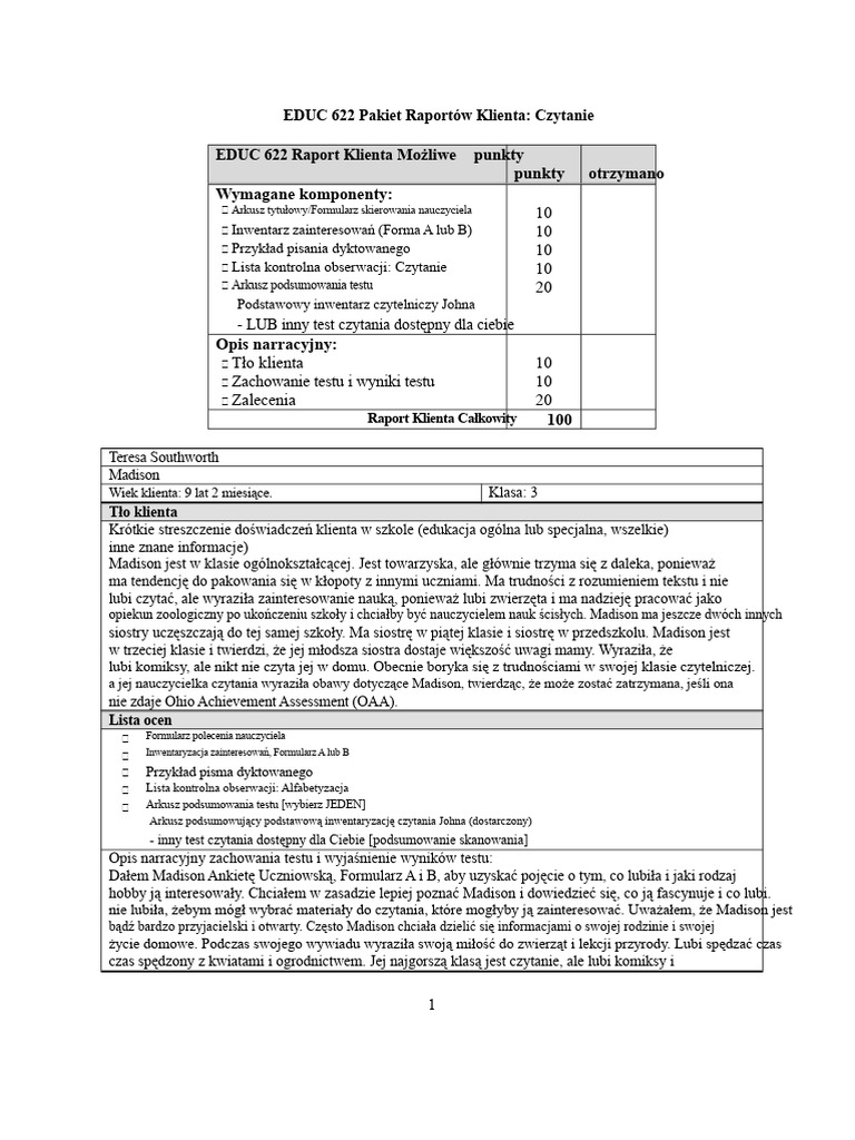 622 Raport Klienta Pakiet Odczyt 1 | PDF