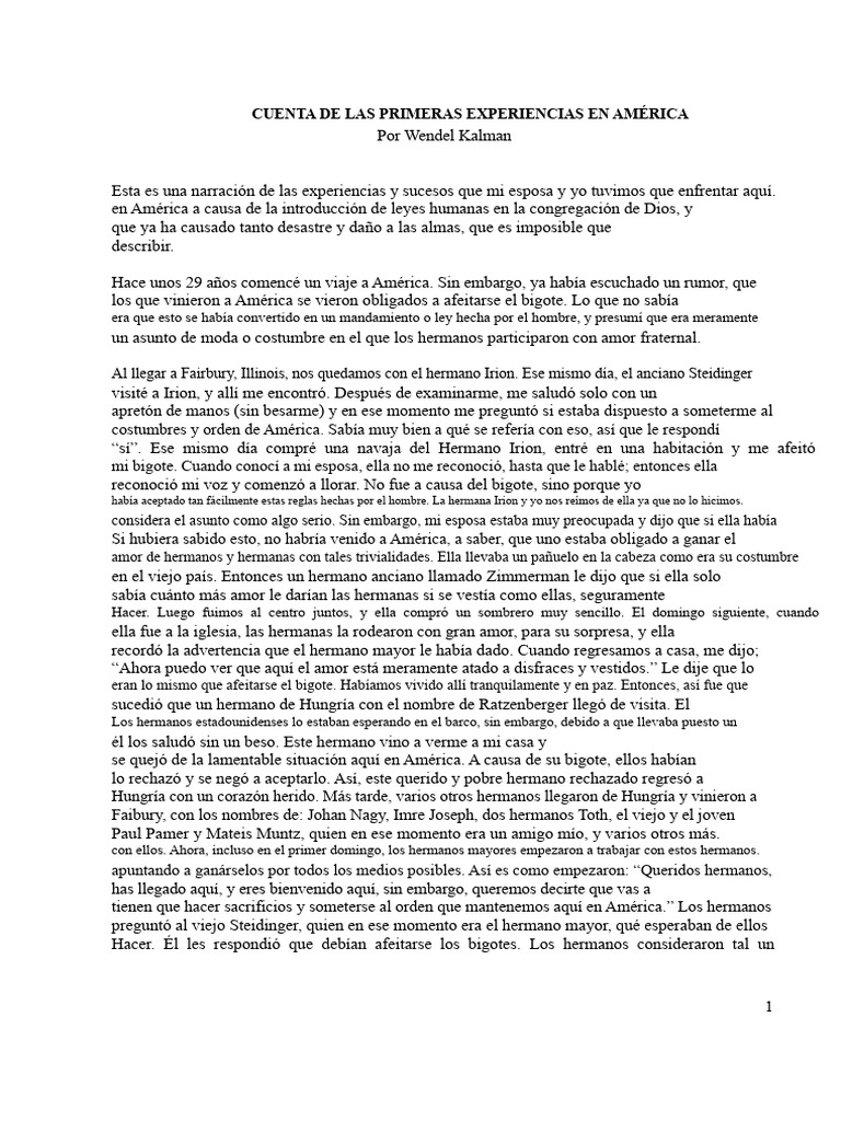 "Relato de Las Primeras Experiencias en América" de Wendel Kalman | PDF ...
