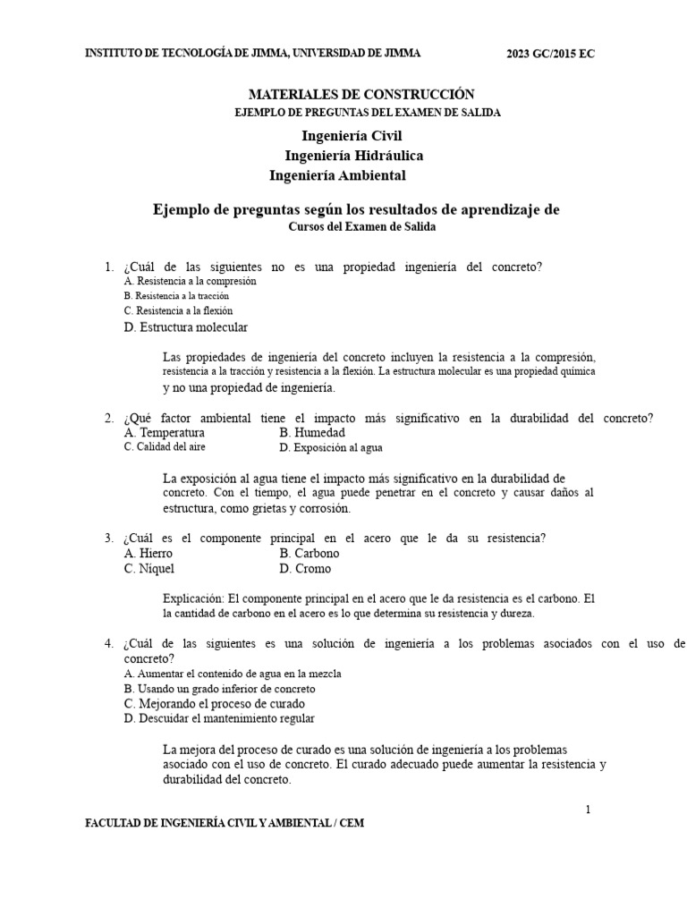 Preguntas de examen final de muestra sobre materiales de construcción | PDF | Hormigón | Acero