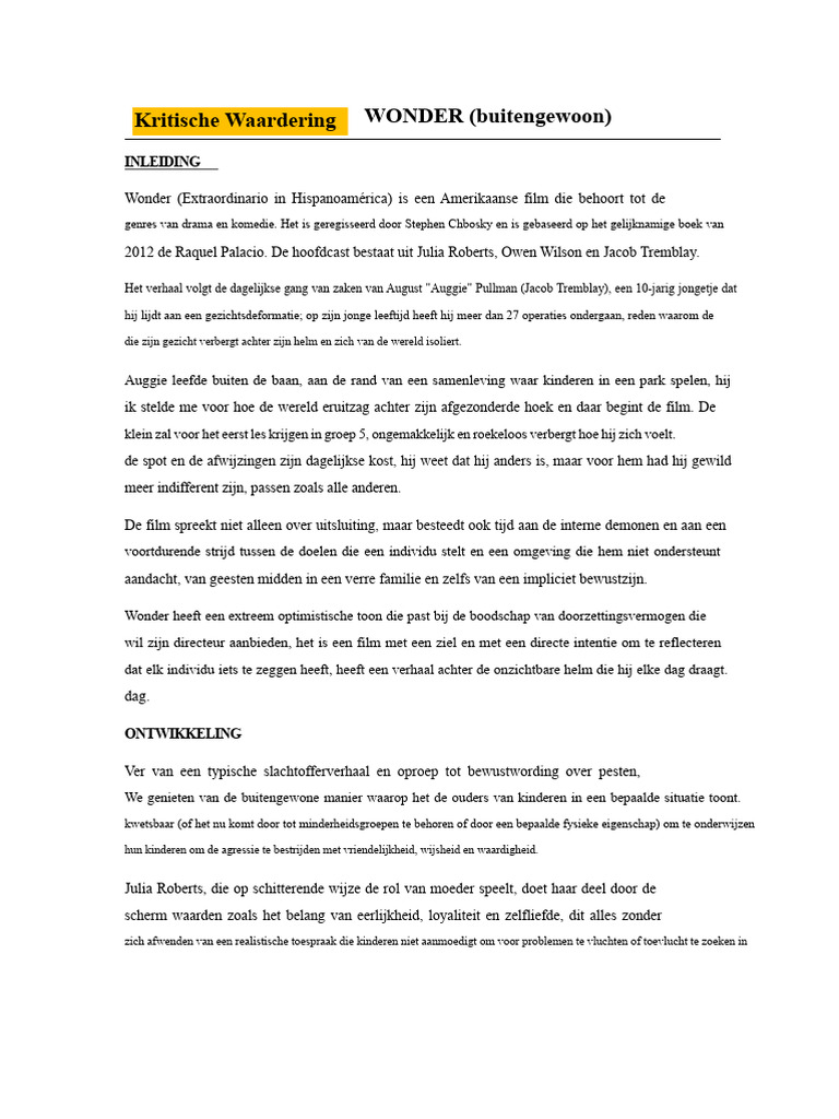 Waardering Van de Film Wonder | PDF