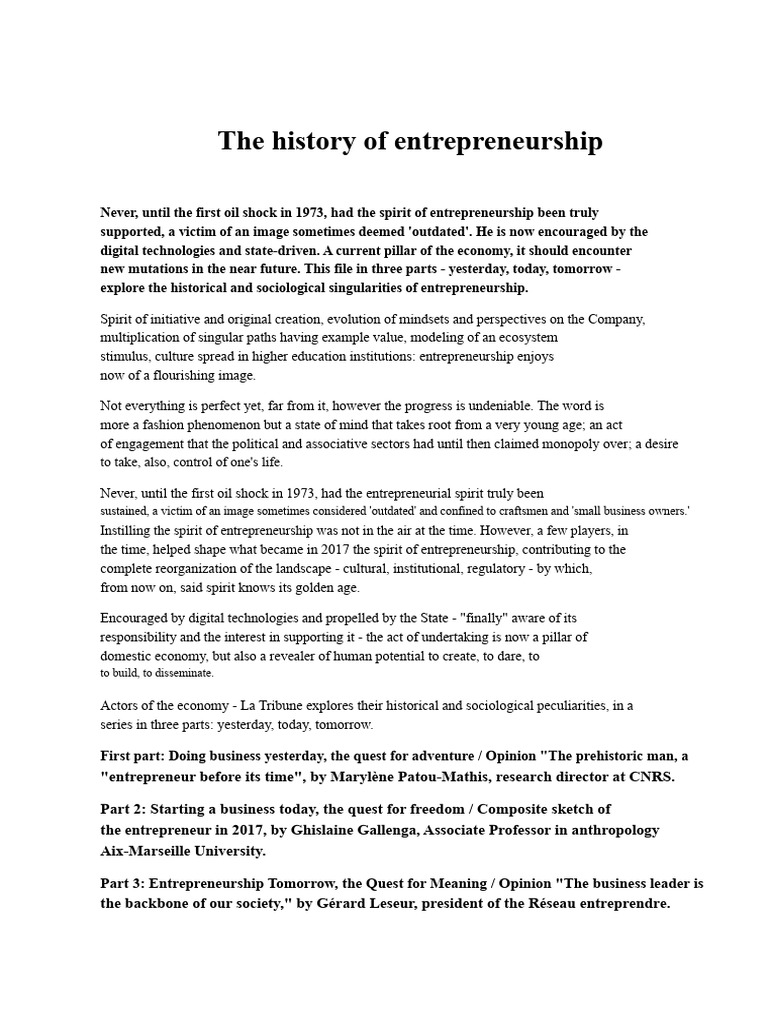 Evolution of Entrepreneurship: Past to Future | PDF | Entrepreneurship ...