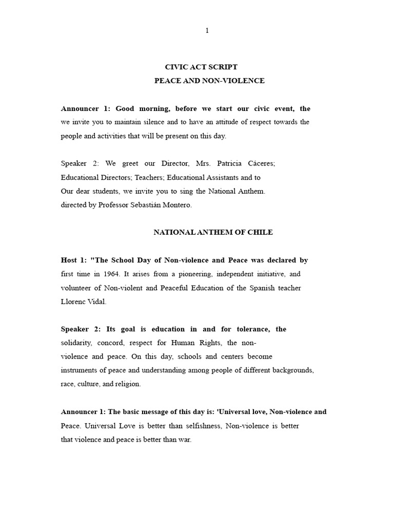 Civic Act Script No Violence | PDF | Mahatma Gandhi | Peace