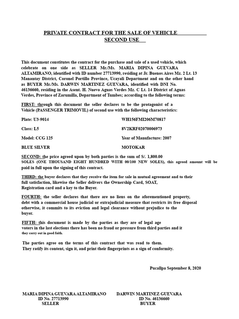 Private Purchase-Sale Contract For Used Motorcycle | PDF | Common Law ...