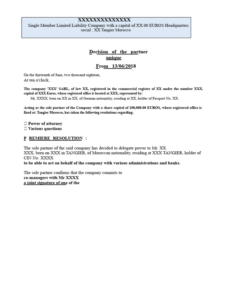 Sole Member LLC Resolution in Morocco | PDF