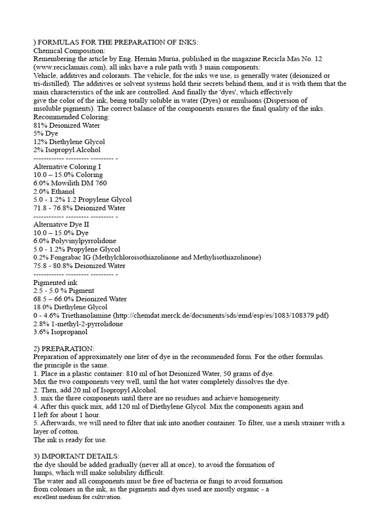 Ink Formulation Recipes and Guidelines | PDF | Ink | Chemistry