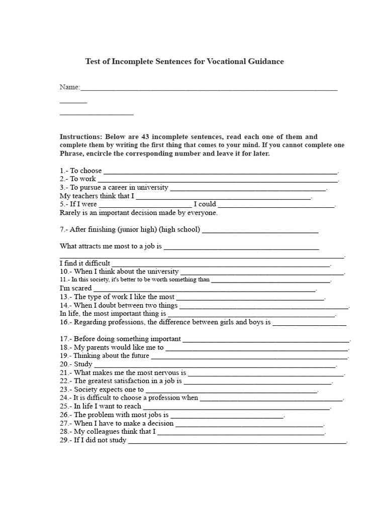 Incomplete Sentences Test For Vocational Guidance | PDF
