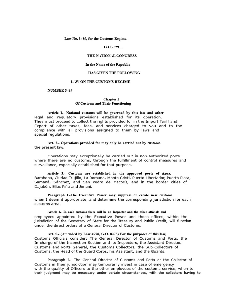 Law 3489: Customs Regime Overview | PDF | Sea Captain | Customs