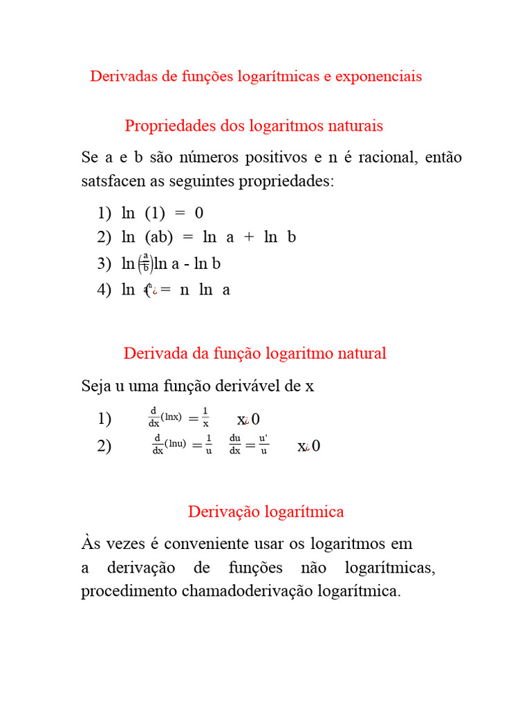 Derivadas de Funções Logarítmicas e Exponenciais | PDF | Logaritmo ...
