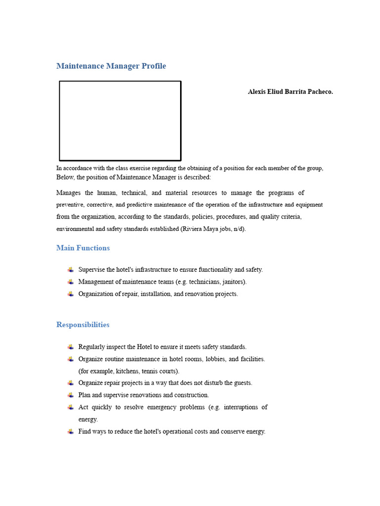 Maintenance Manager Job Profile Overview | PDF