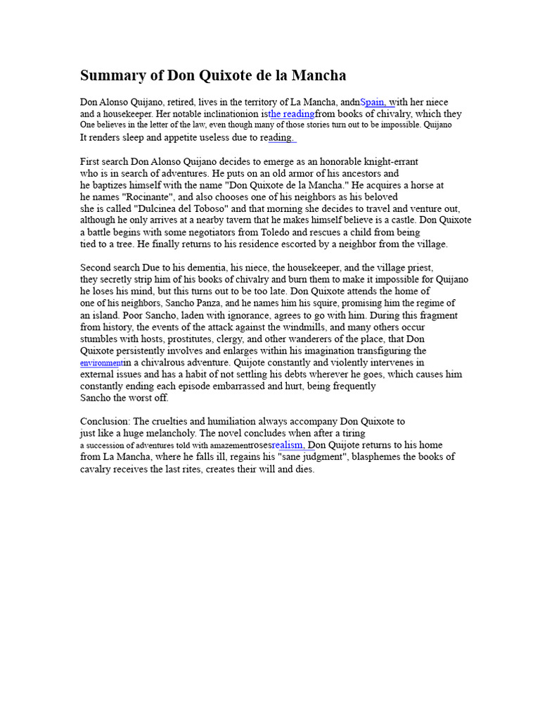 Summary of Don Quixote de La Mancha | PDF | Don Quixote | Spanish Novels