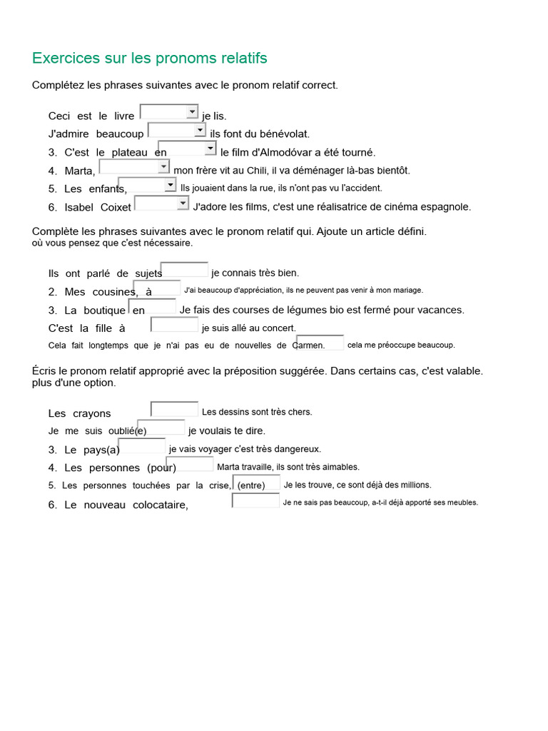 Exercices sur les pronoms relatifs | PDF | Pronom | Linguistique