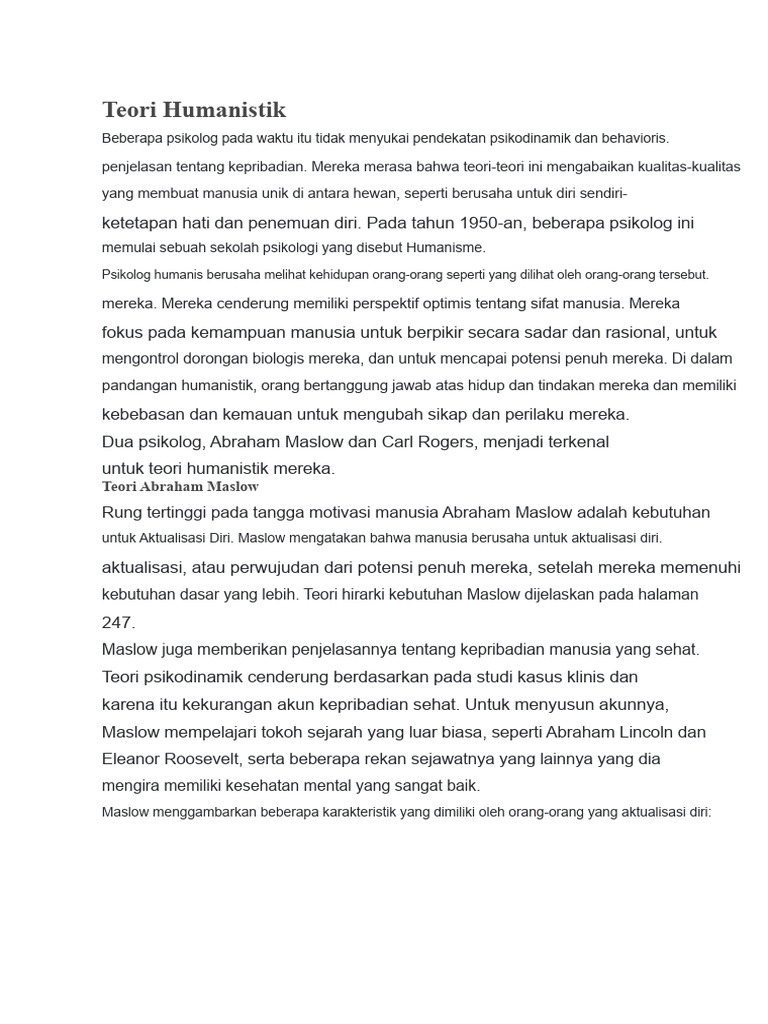 Teori Humanistik dalam Psikologi Manusia | PDF