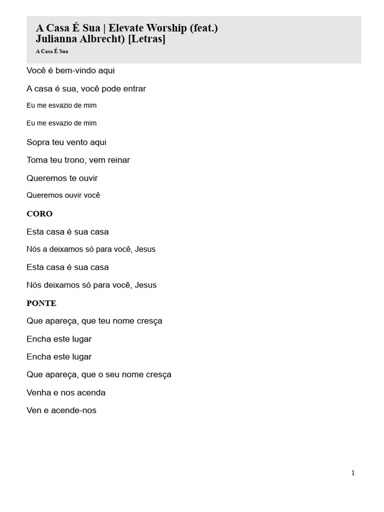 A Casa É Sua (a Casa _ Sua) _ Elevate Worship (Feat. Julianna Albrecht) - Letra-1 | PDF