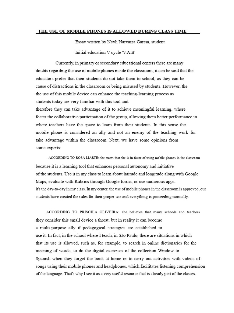 Essay On The Use of Cell Phones | PDF | Teachers | Classroom