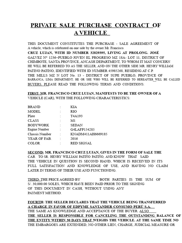Vehicle Purchase Contract Agreement | PDF | Private Law