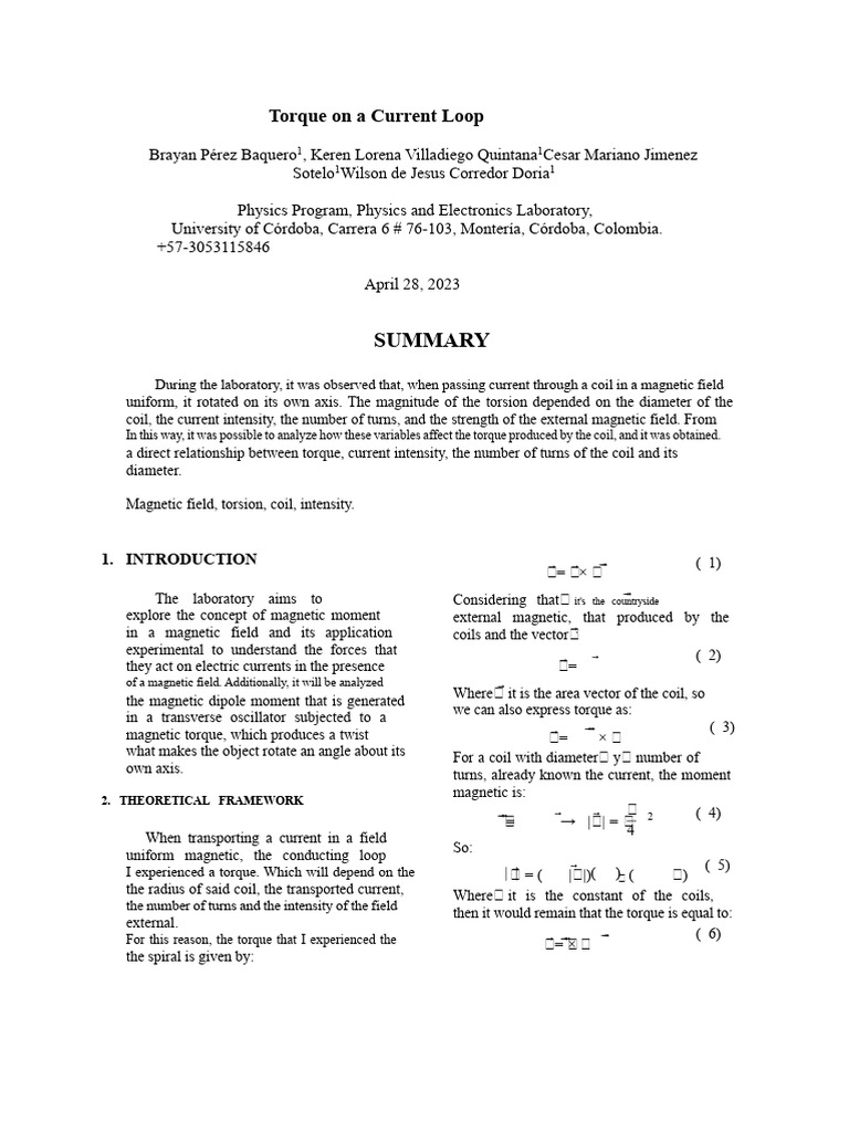Torque On A Current Loop | PDF | Magnetic Field | Physical Phenomena