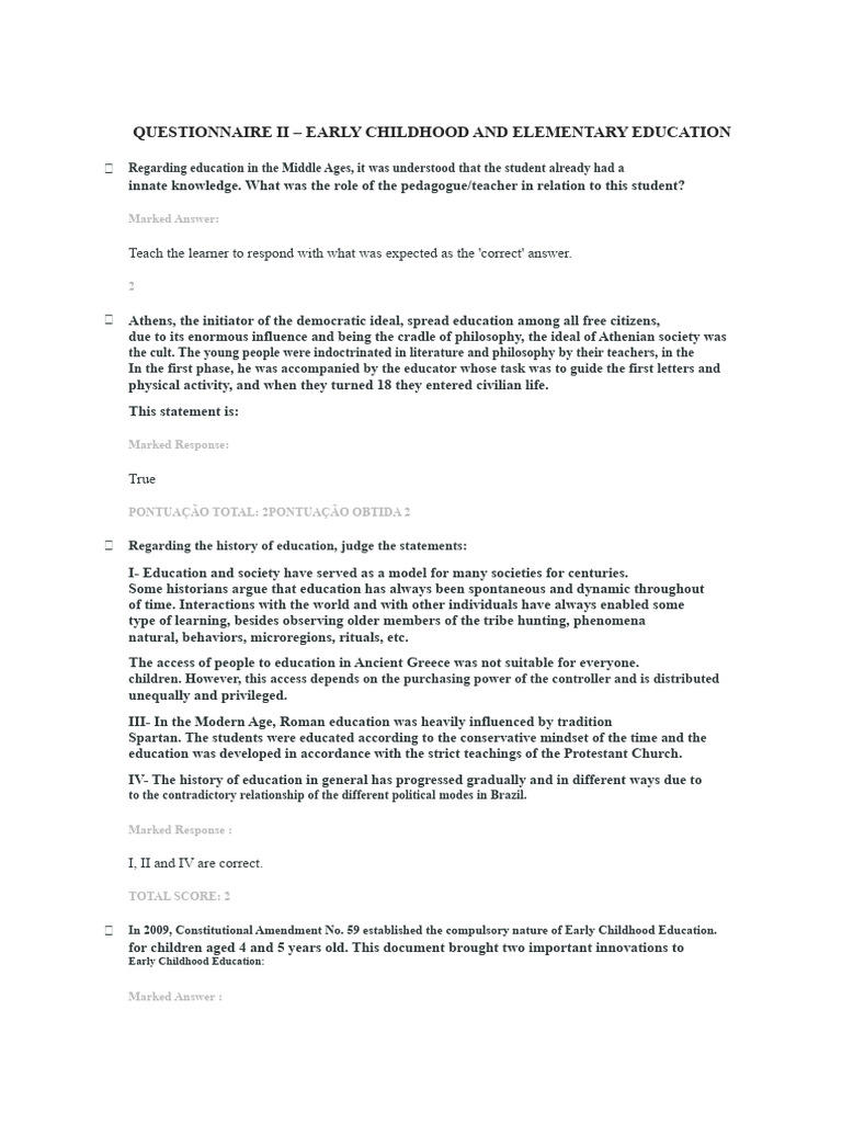 Questionnaire II - Early Childhood Education and Elementary School ...