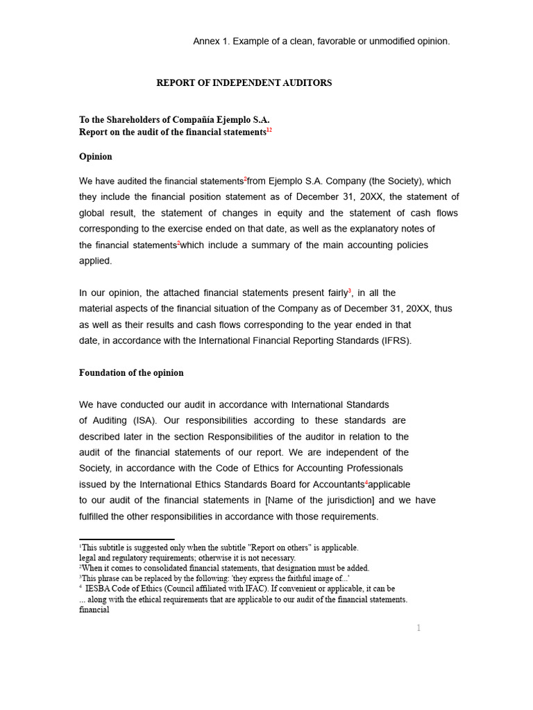 Annex 1 Example or Model of Clean, Favorable, or Unmodified Opinion ...