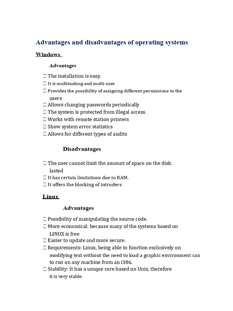 Advantages and Disadvantages of Operating Systems | PDF | Operating ...