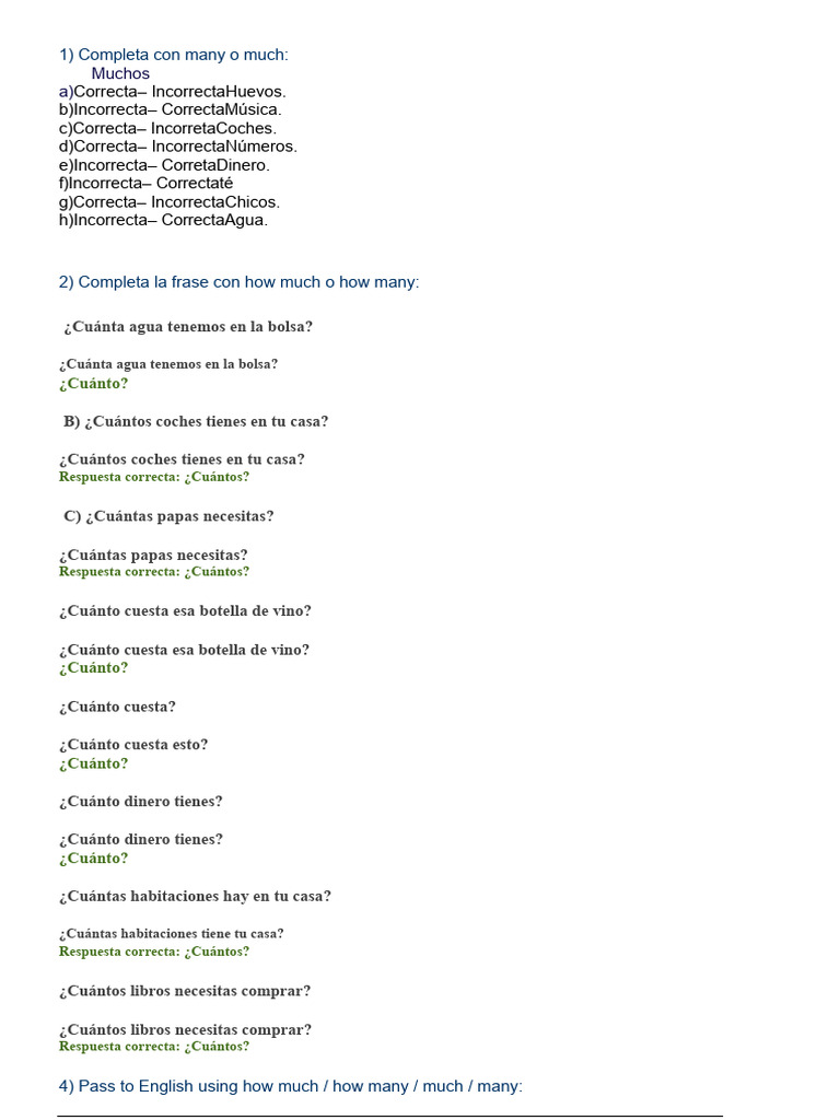 Ejercicios sobre "how much" y "how many" | PDF