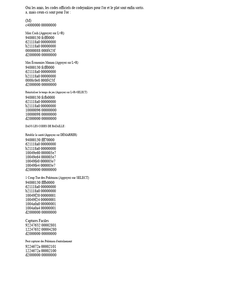 Codes officiels pour HeartGold | PDF | Jeux vidéo de jeux de rôle ...