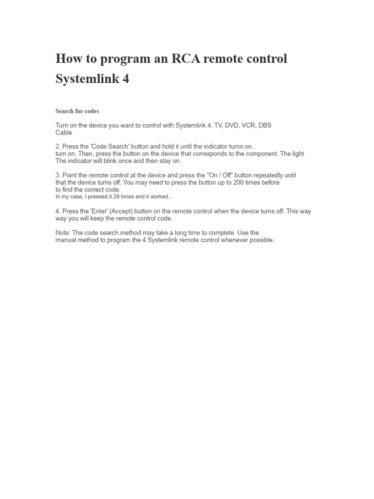 How To Program An RCA Systemlink 4 Remote Control | PDF