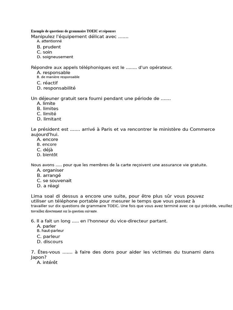 Questions de grammaire TOEIC et réponses | PDF