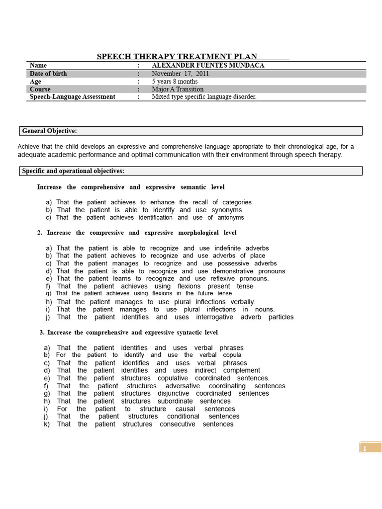 Speech Therapy Treatment Plan 2 | PDF | Syllable | Consonant