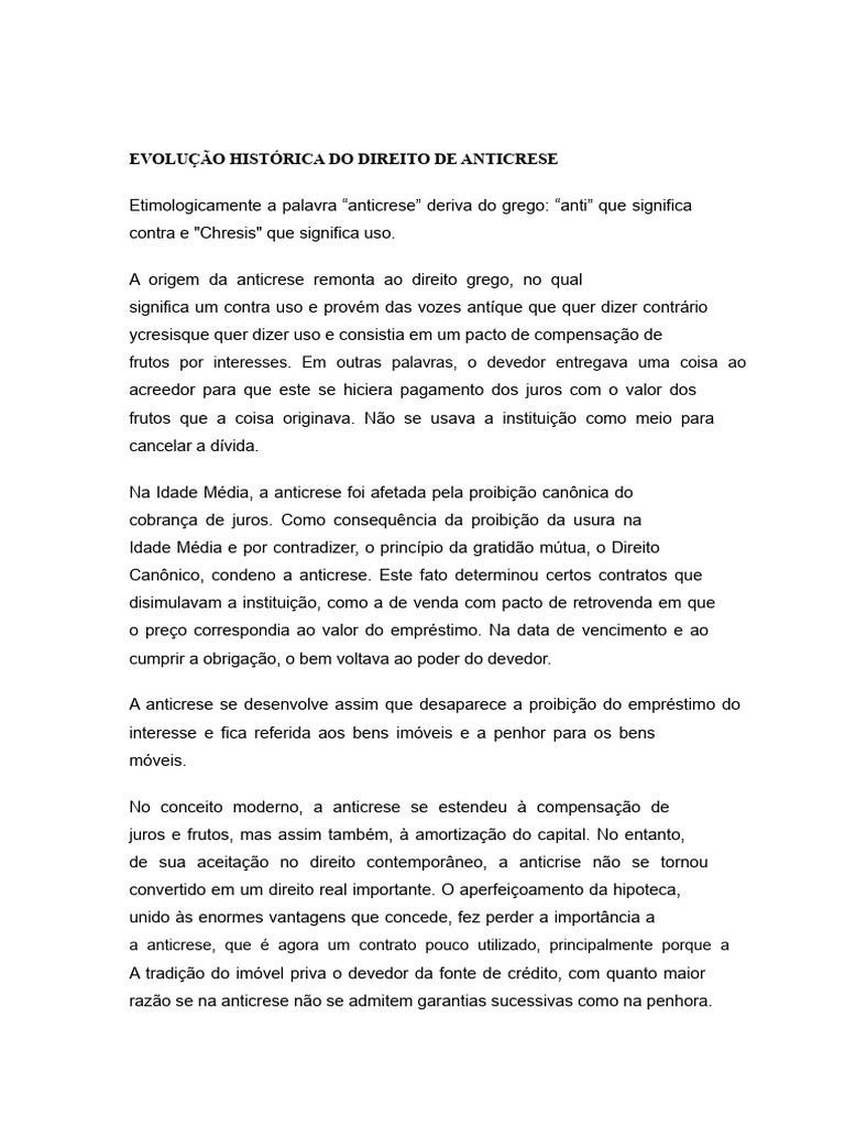 Evolução Histórica Do Direito de Anticrese | PDF | Empréstimos | Crédito