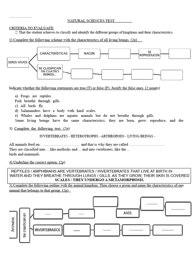 Natural Sciences Test 4th Grade Living Beings 2022 | PDF