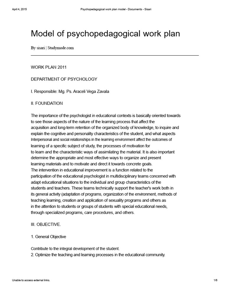 Psychopedagogical Work Plan Model - Documents - Sisari PDF | PDF ...