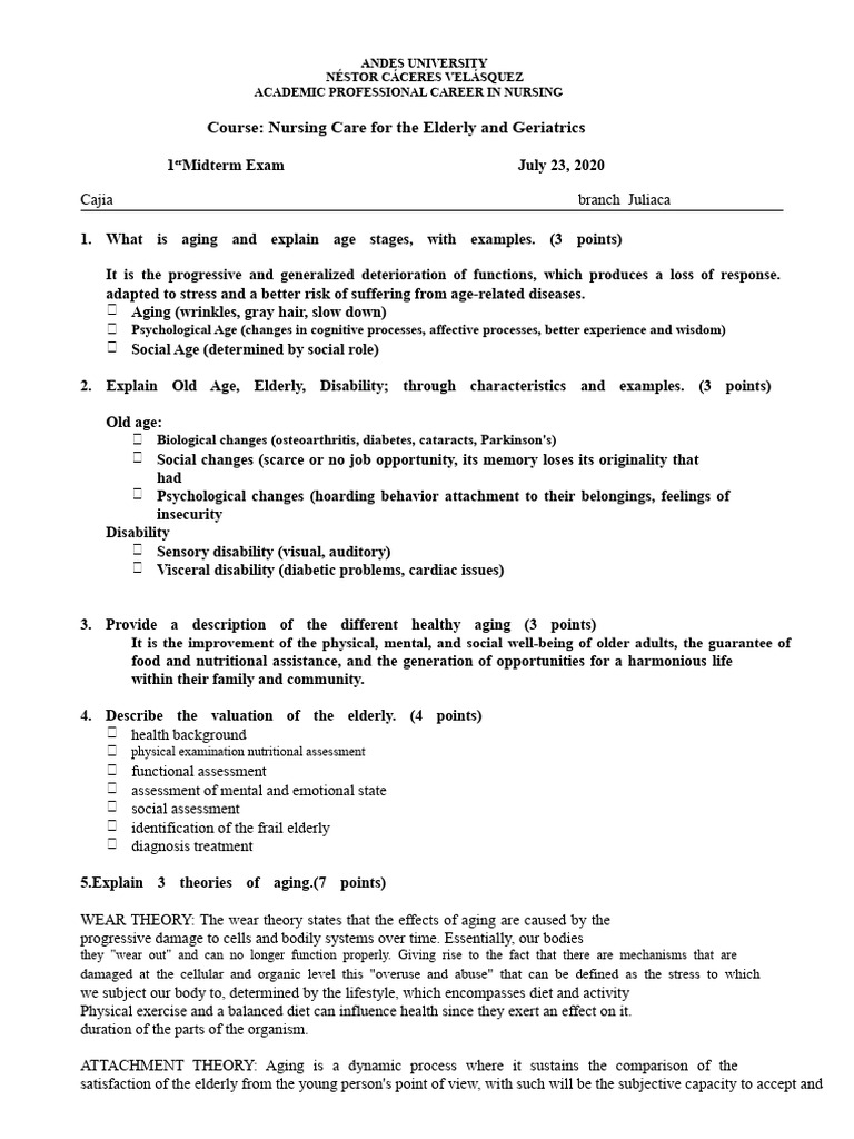 1st Exam ELDERLY 2020-1 | PDF | Ageing | Old Age