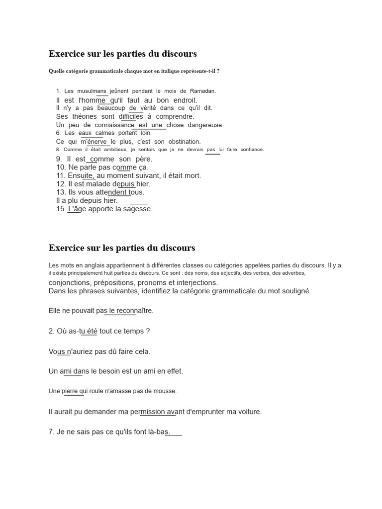 Exercices sur les parties du discours | PDF | Nature (grammaire) | Adverbe