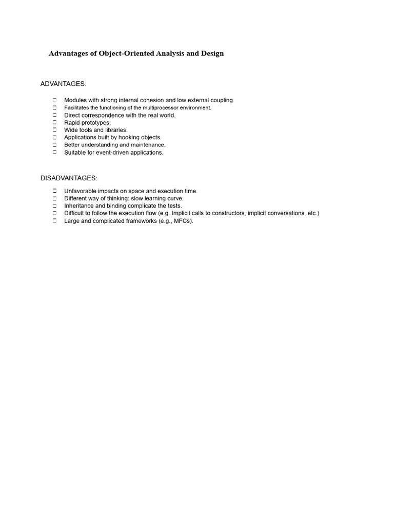 ADVANTAGES AND DISADVANTAGES OF OBJECT-ORIENTED ANALYSIS AND DESIGN.docx | PDF