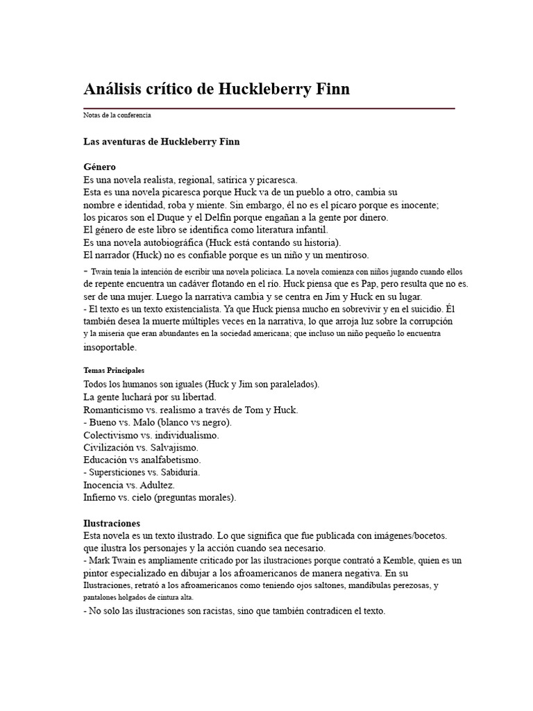 Análisis Crítico de Las Aventuras de Huckleberry Finn | PDF | Aventuras de Huckleberry Finn | La ...