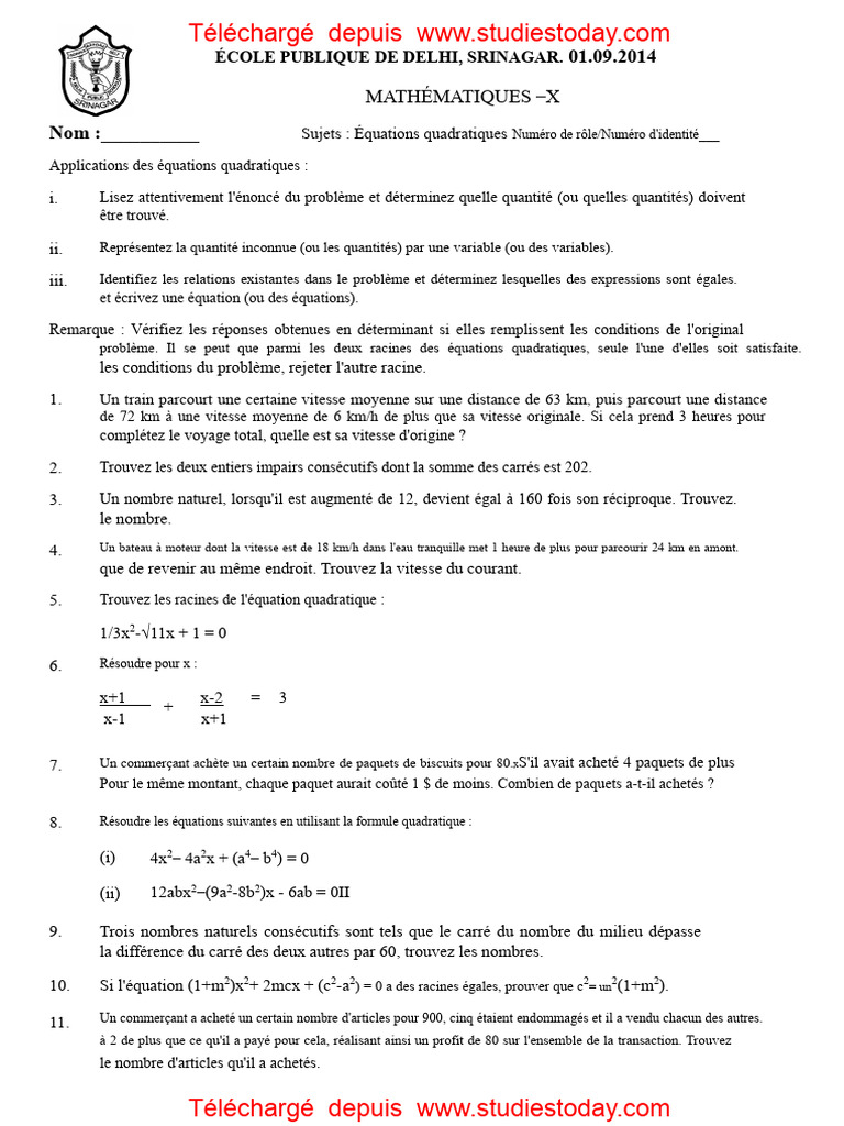 Applications des équations quadratiques | PDF | Équation du second ...