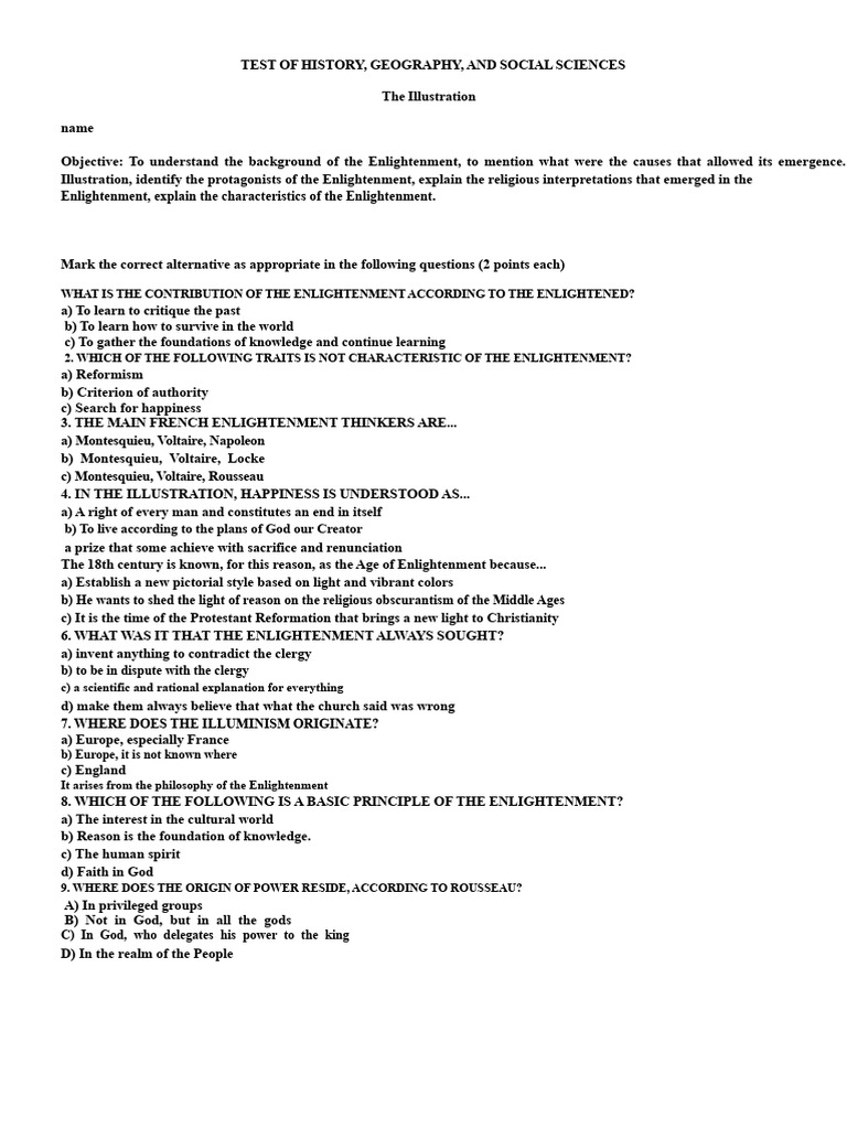 History Test The Enlightenment | PDF | Age Of Enlightenment | Reason